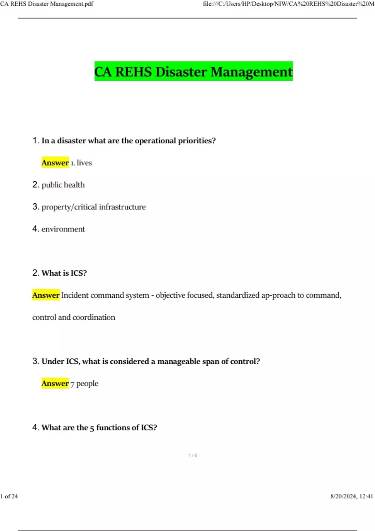 CA REHS Disaster Management 2024 Actual Questions with Verified Answers ...