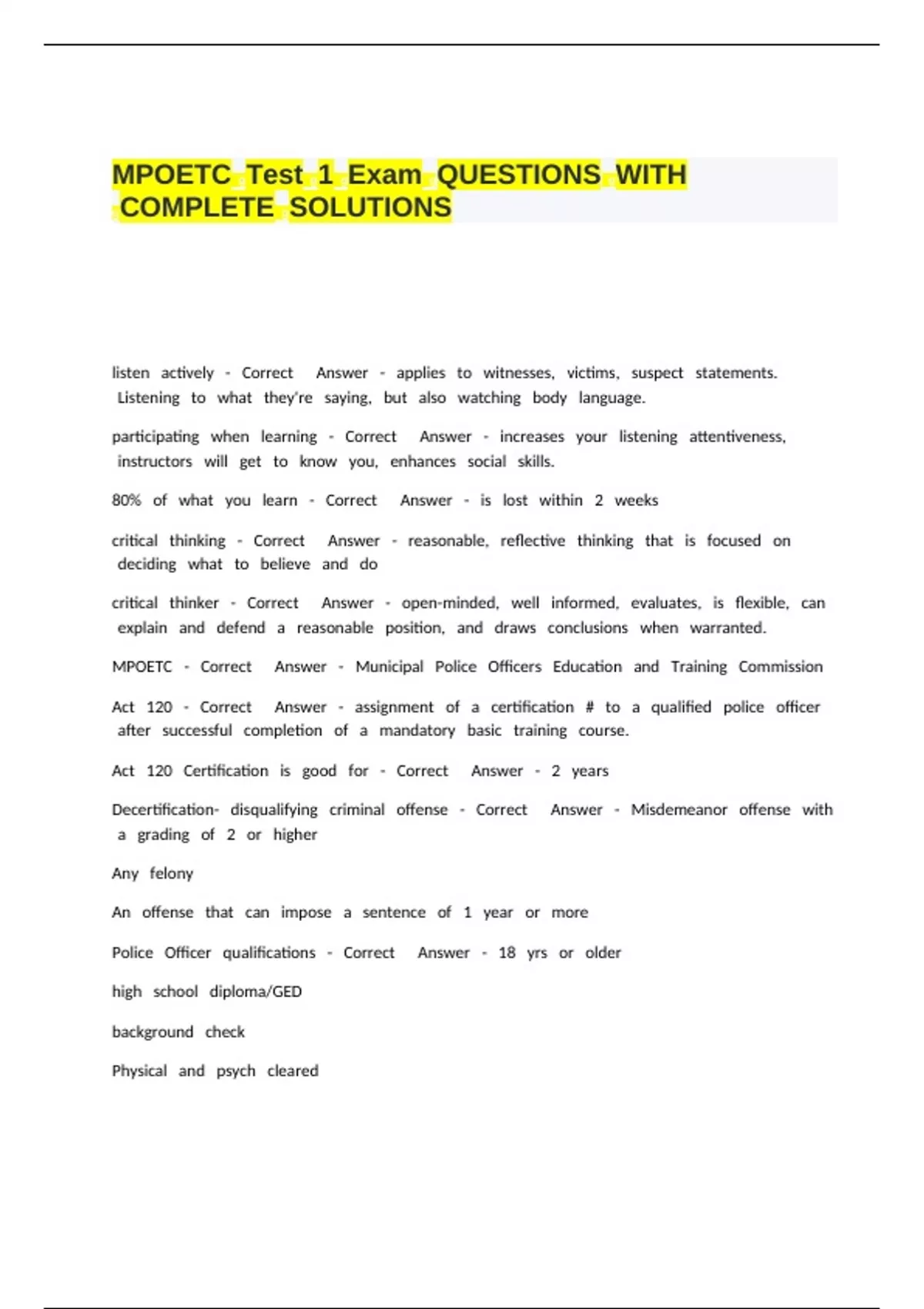 MPOETC Test 1 Exam QUESTIONS WITH COMPLETE SOLUTIONS - MPOETC - Stuvia US