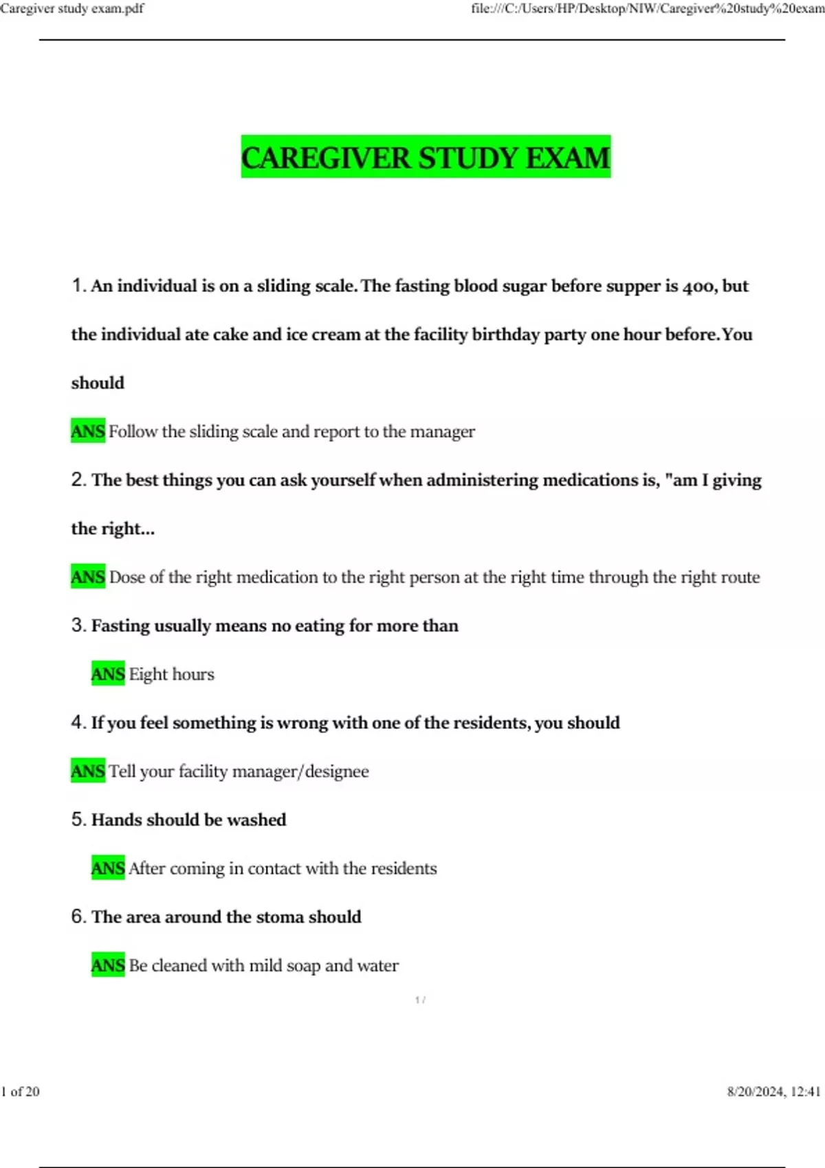 Caregiver Study Exam 2025 Actual Questions with Verified Answers, 100% ...