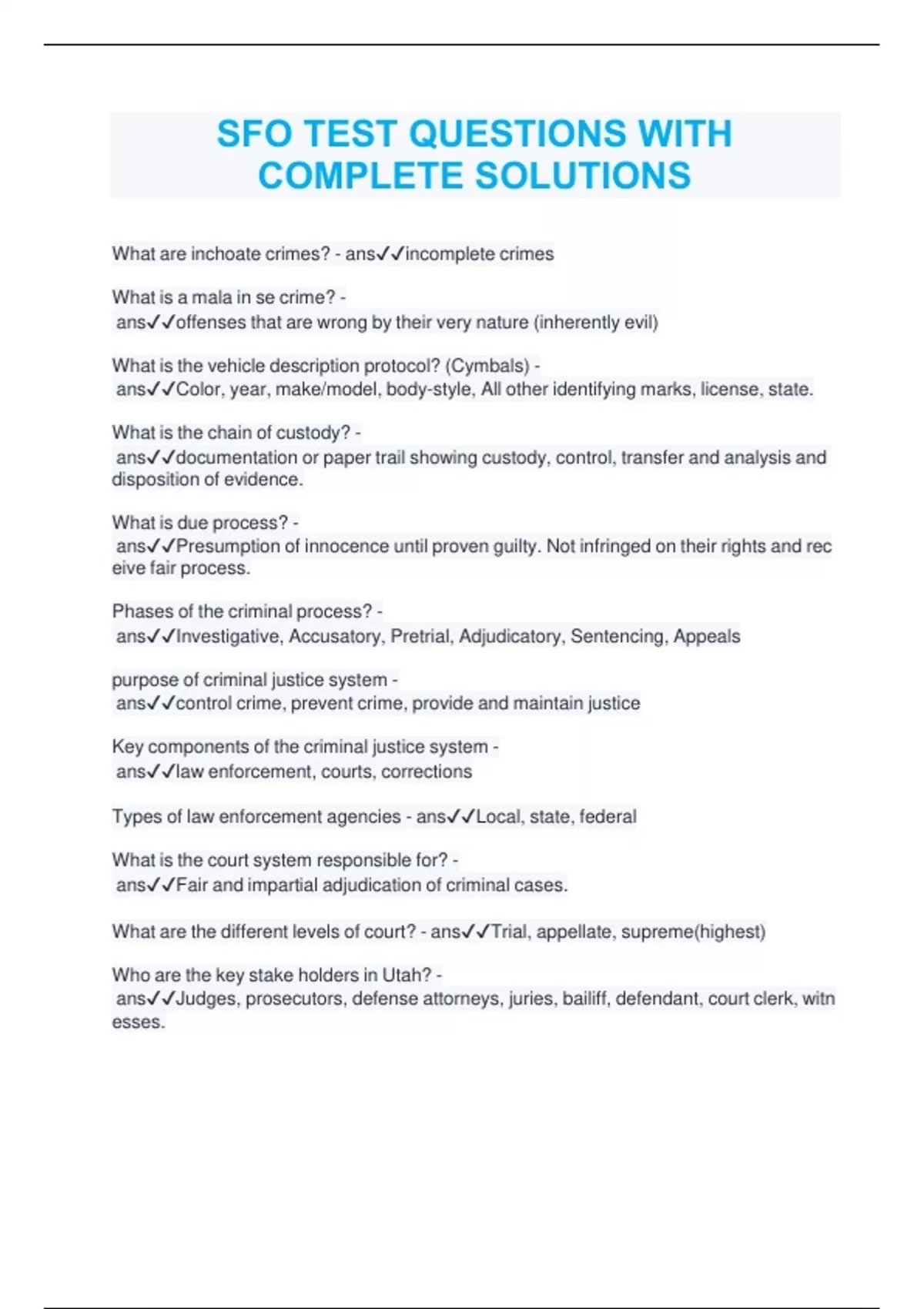 SFO TEST QUESTIONS WITH COMPLETE SOLUTIONS - SFO - Stuvia US