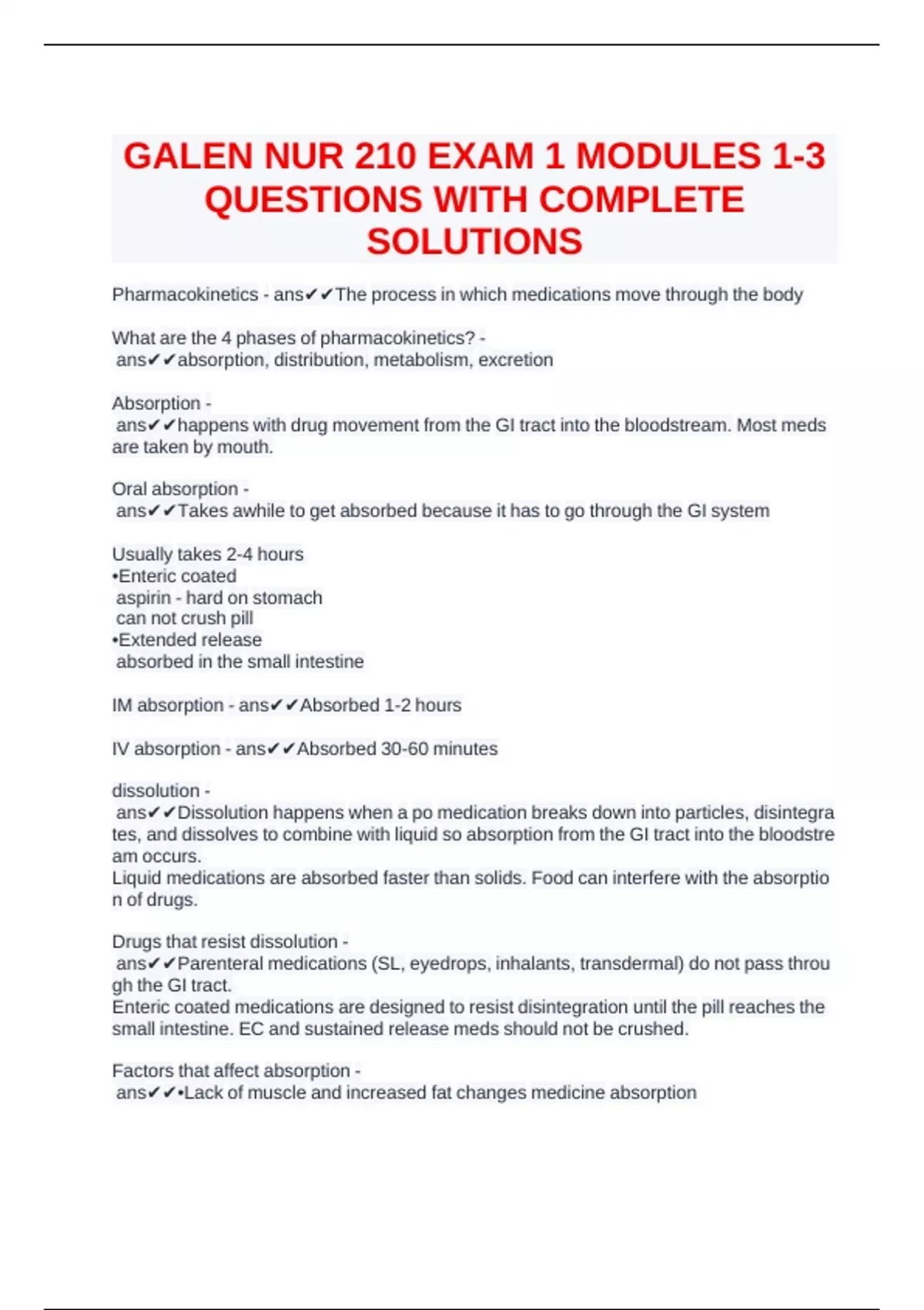 GALEN NUR 210 EXAM 1 MODULES 1-3 QUESTIONS WITH COMPLETE SOLUTIONS ...