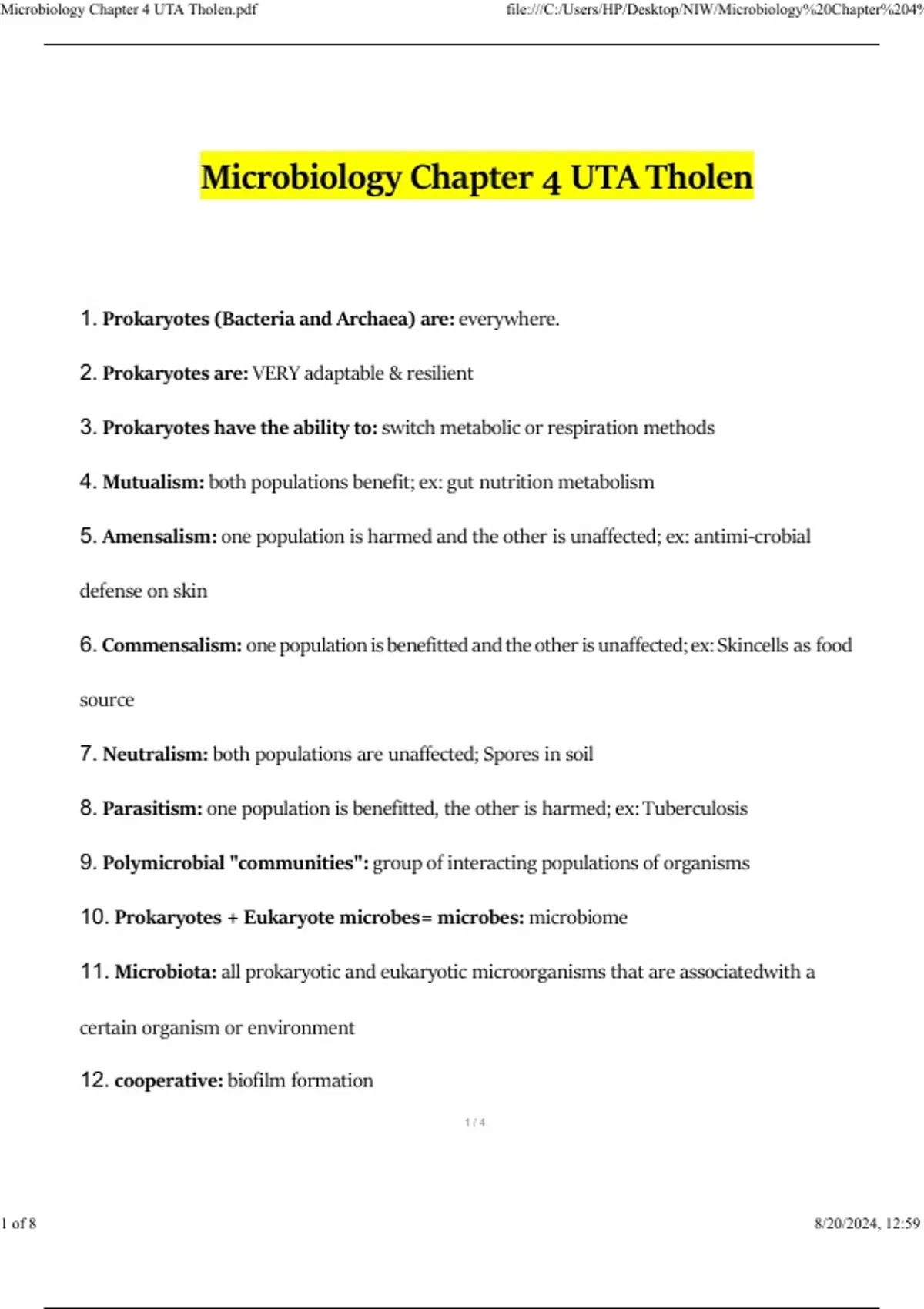 Microbiology Chapter 4 UTA Tholen 2024 Actual Questions with Verified Answers, 100% Guarantee ...