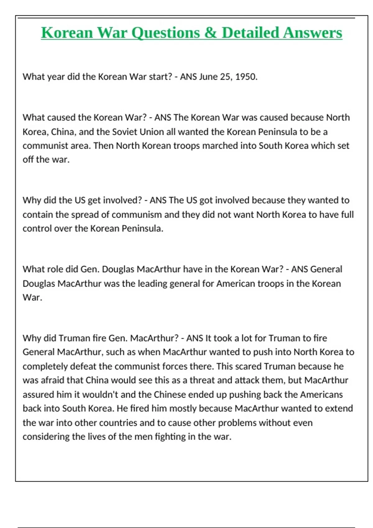 Korean War Questions & Detailed Answers - Korean war - Stuvia US