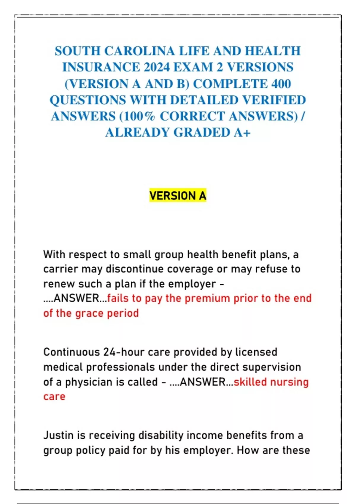 SOUTH CAROLINA LIFE AND HEALTH INSURANCE 2024 EXAM 2 VERSIONS (VERSION ...