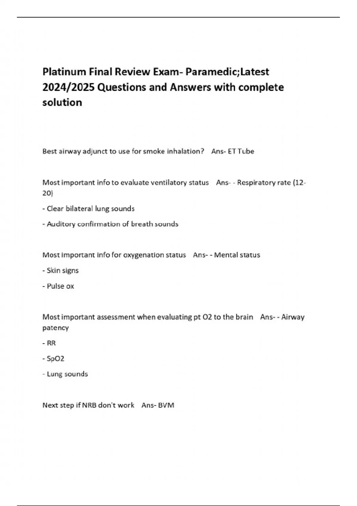 Platinum Final Review Exam- Paramedic;Latest 2024/2025 Questions and ...