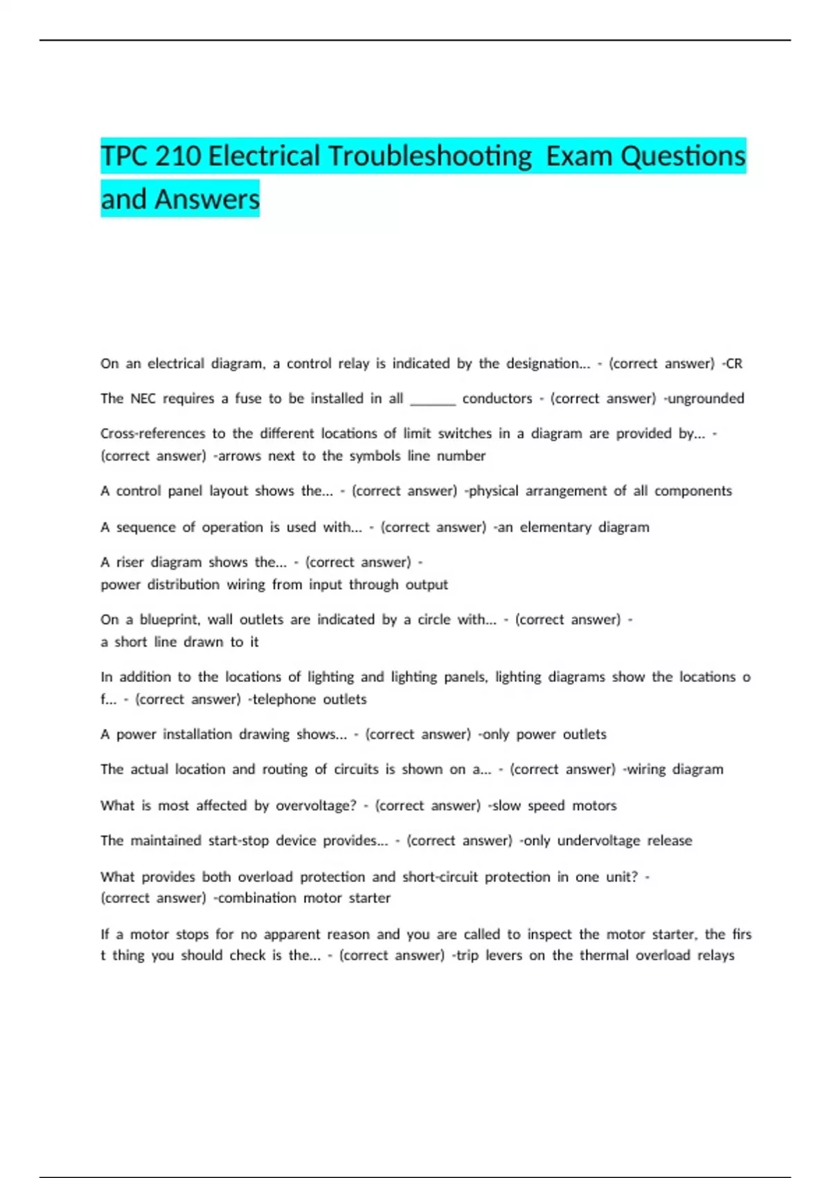 TPC 210 Electrical Troubleshooting Exam Questions and Answers - TPC ...