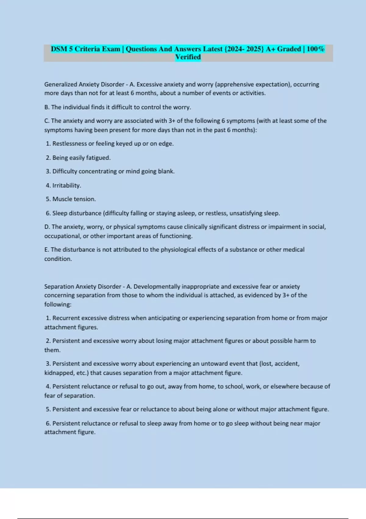 DSM 5 Criteria Exam | Questions And Answers Latest {} A+ Graded | 100% ...