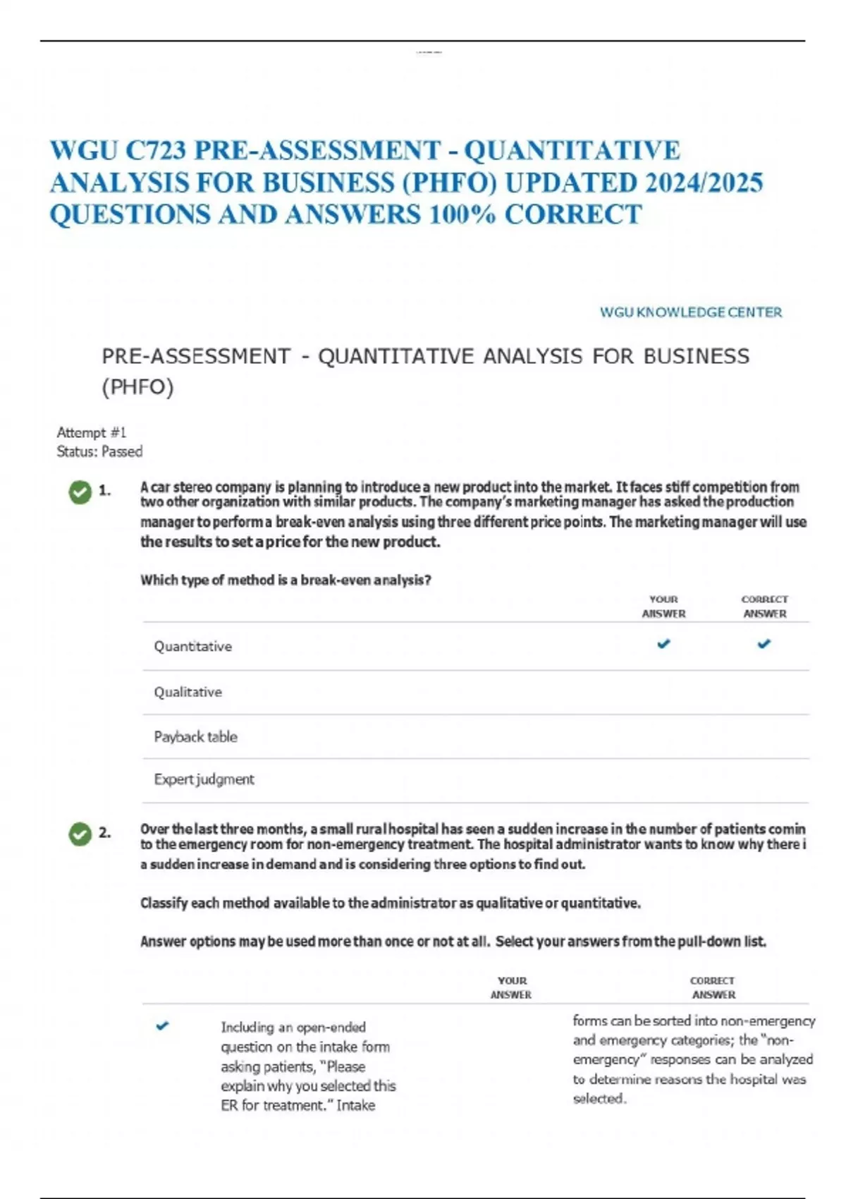 WGU C723 PRE-ASSESSMENT - QUANTITATIVE ANALYSIS FOR BUSINESS (PHFO ...