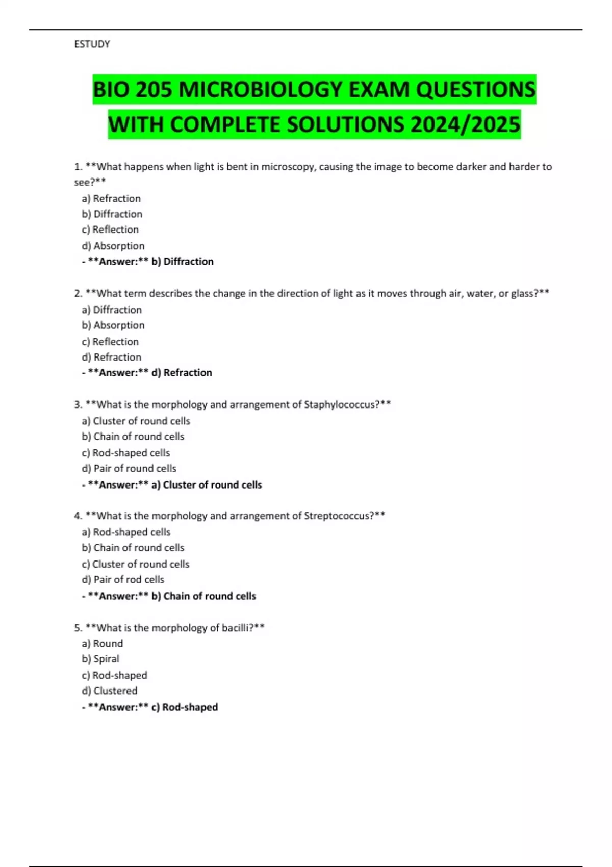BIO 205 MICROBIOLOGY EXAM QUESTIONS WITH COMPLETE SOLUTIONS 2024/2025 ...