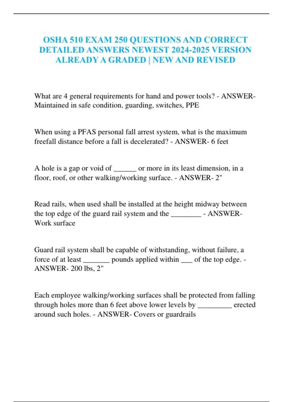 OSHA 510 EXAM 250 QUESTIONS AND CORRECT DETAILED ANSWERS NEWEST VERSION ...