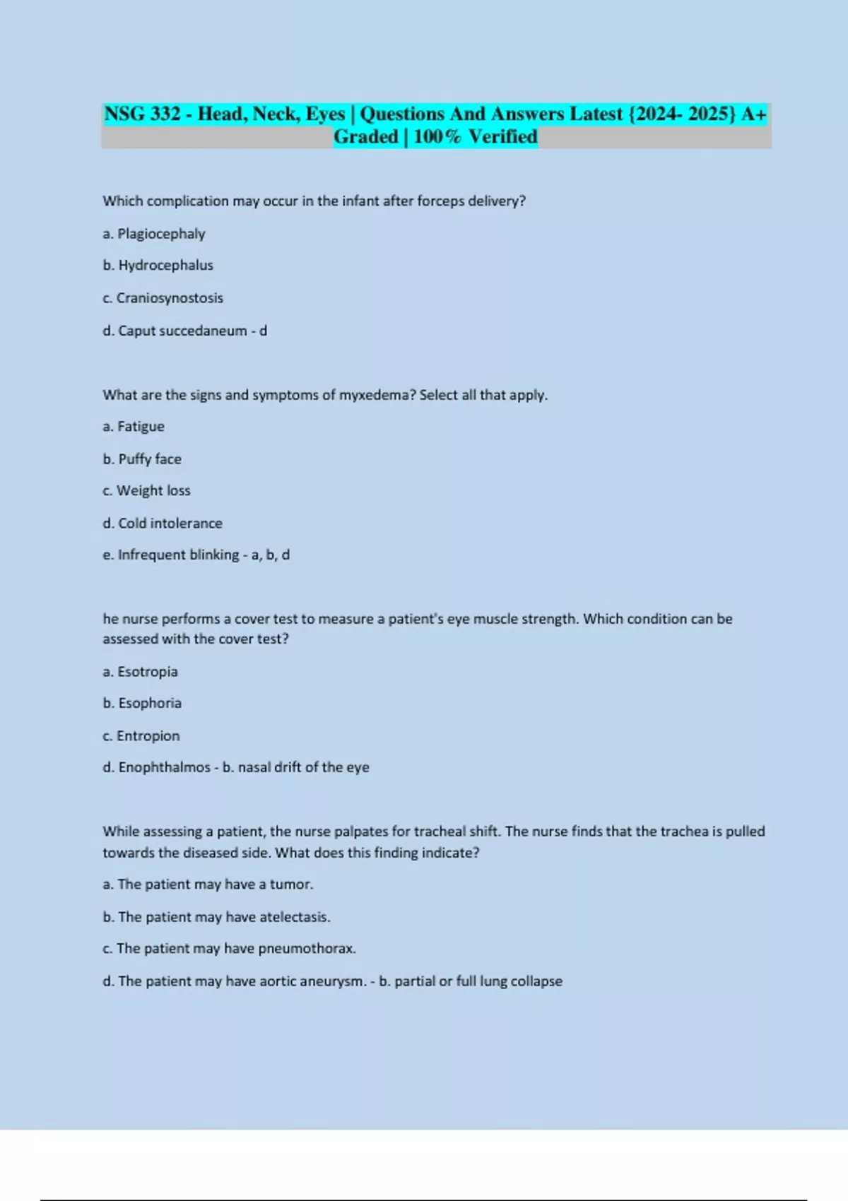 NSG 332 - Head, Neck, Eyes | Questions And Answers Latest {} A+ Graded ...