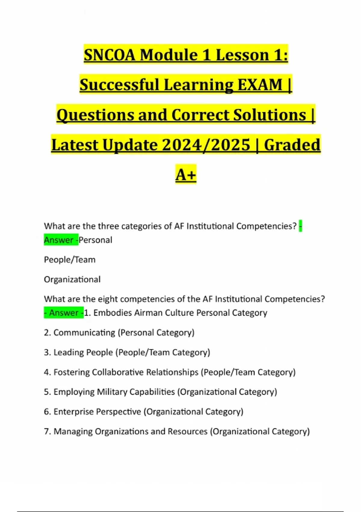 SNCOA Module 1 Lesson 1: Successful Learning EXAM | Questions and ...