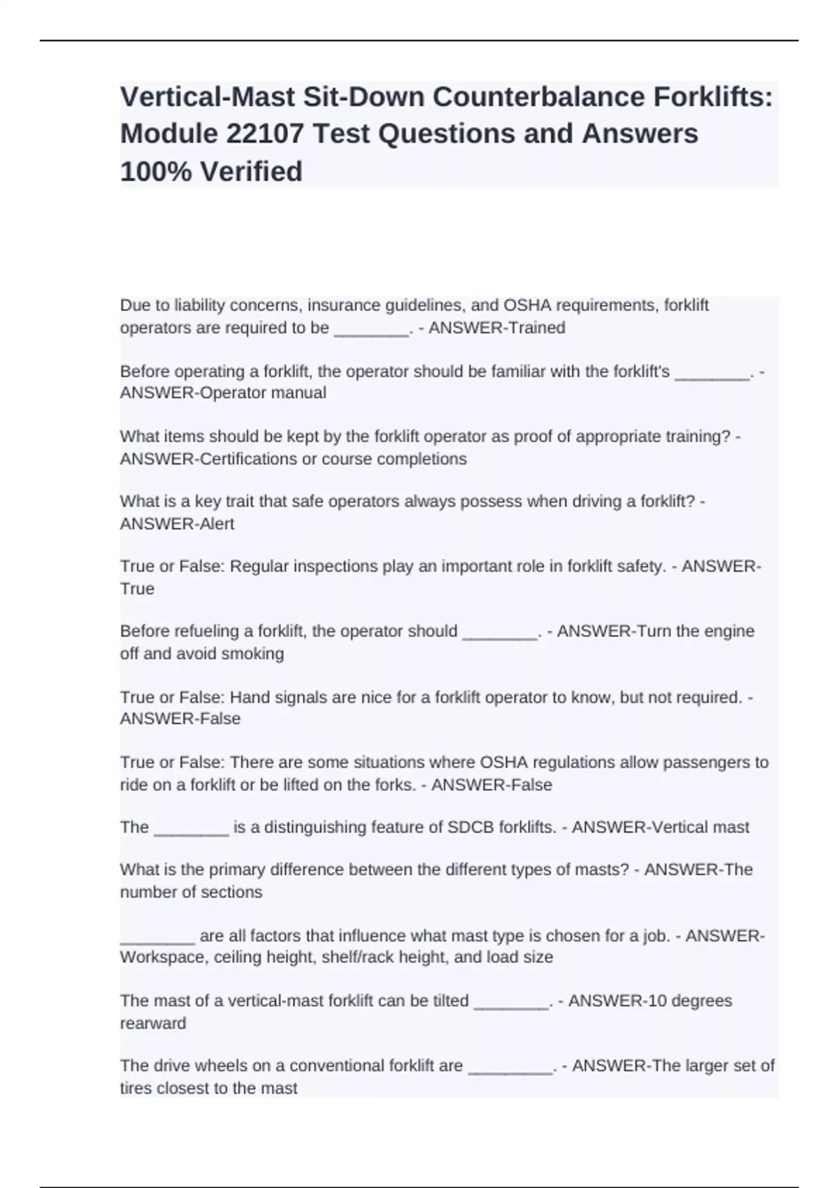 Vertical-Mast Sit-Down Counterbalance Forklifts: Module 22107 Test ...
