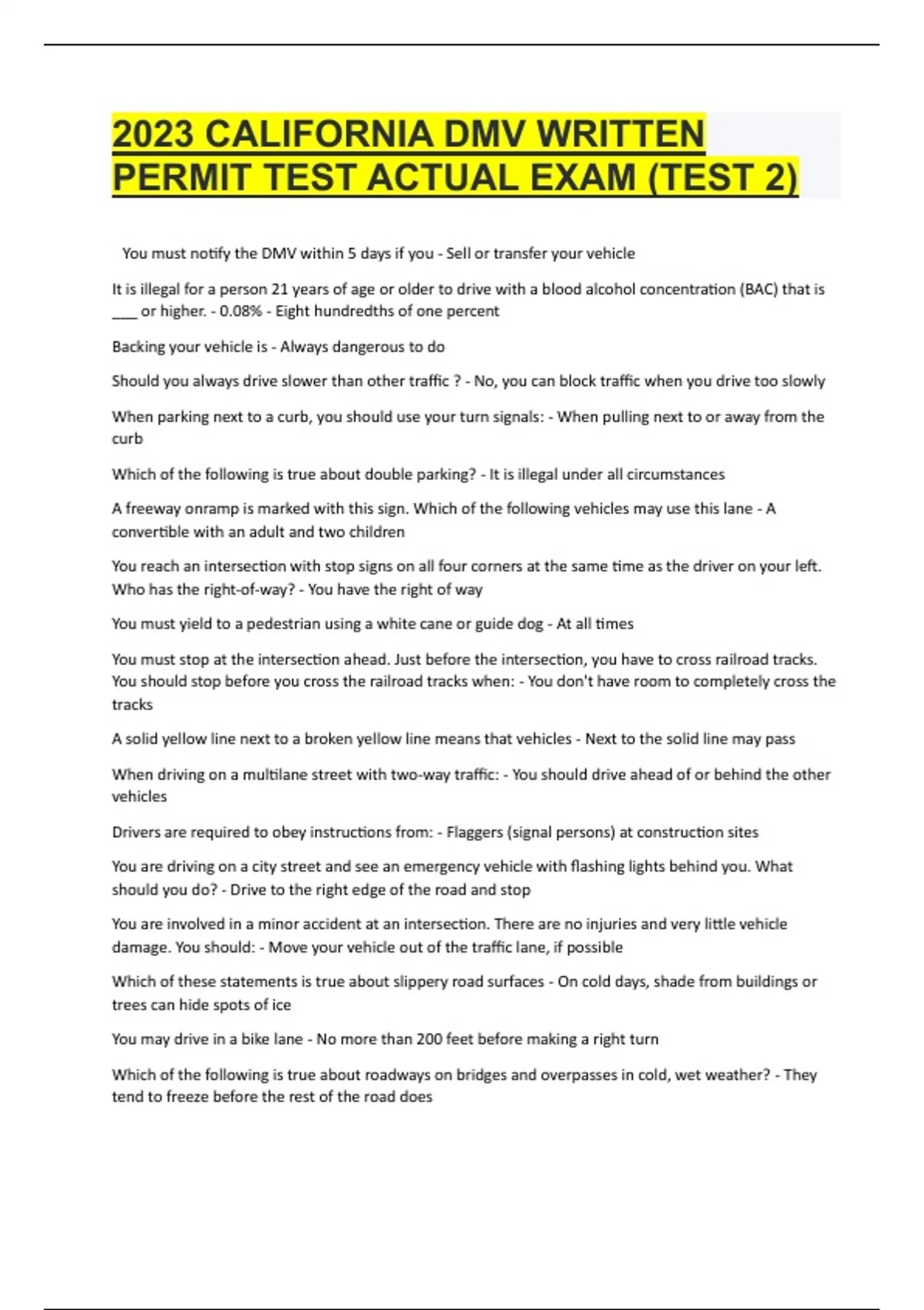 2023 California DMV Written Permit test Actual Exam (test 2) - 2023 ...