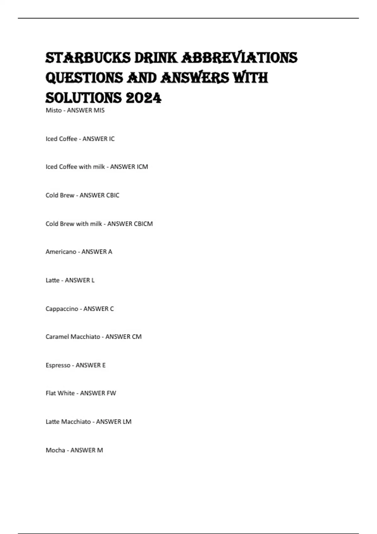 STARBUCKS DRINK ABBREVIATIONS QUESTIONS AND ANSWERS WITH SOLUTIONS 2024 ...