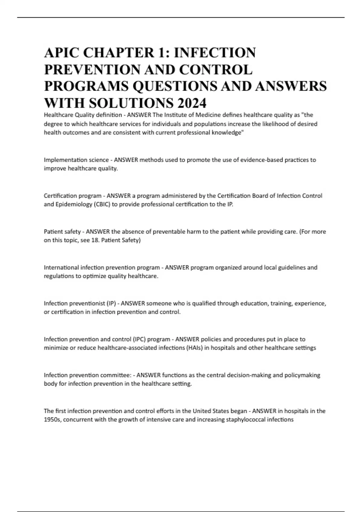 APIC CHAPTER 1: INFECTION PREVENTION AND CONTROL PROGRAMS QUESTIONS AND ...