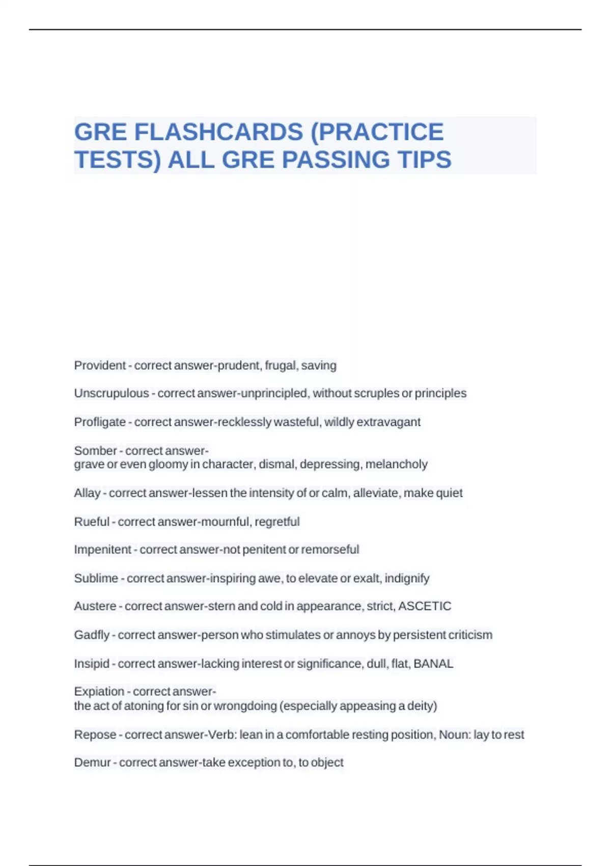 GRE FLASHCARDS (PRACTICE TESTS) ALL GRE PASSING TIPS - GRE - Stuvia US