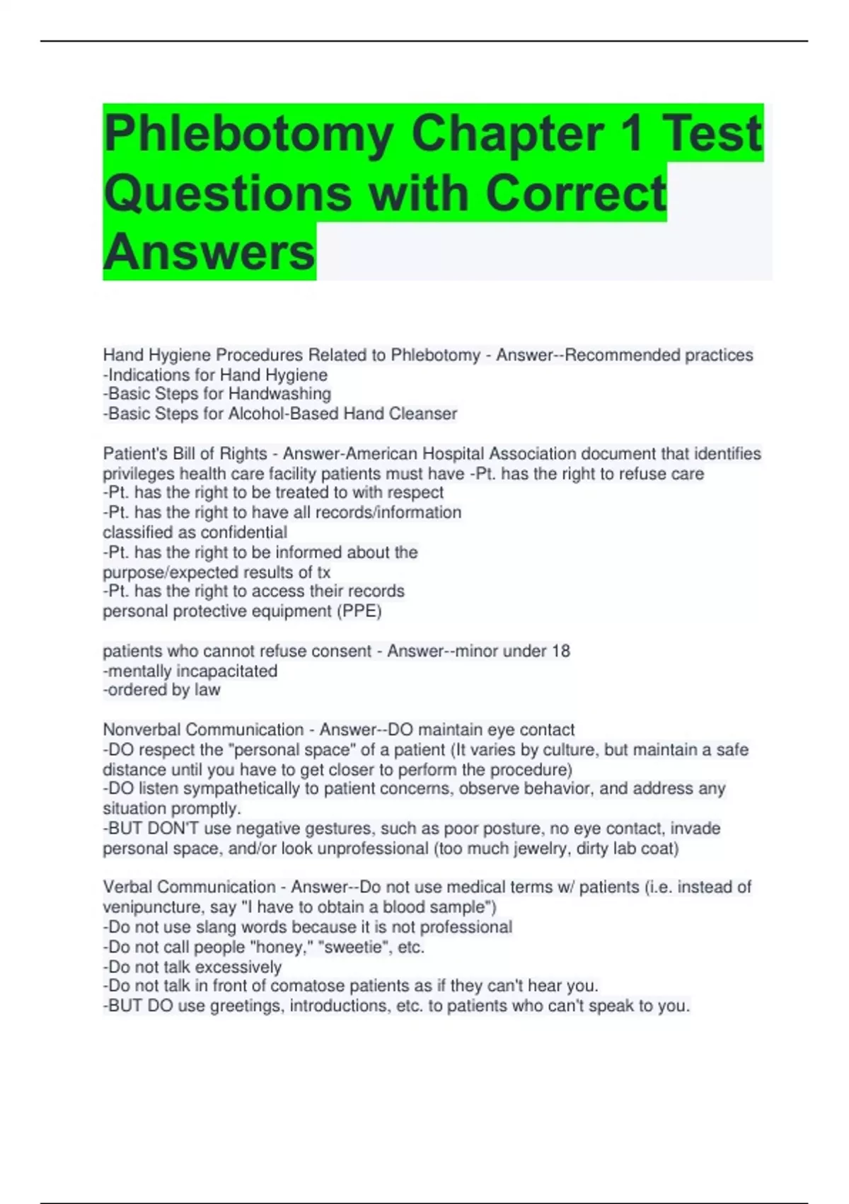 Phlebotomy Chapter 1 Test Questions with Correct Answers - Phlebotomy ...