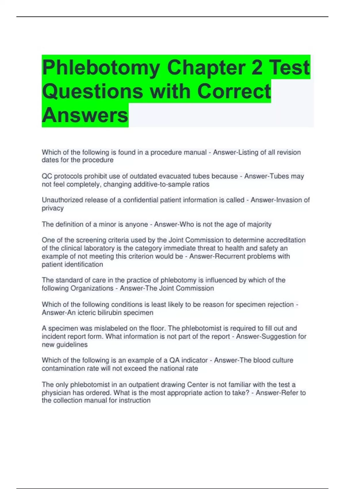 Phlebotomy Chapter 2 Test Questions with Correct Answers - Phlebotomy ...