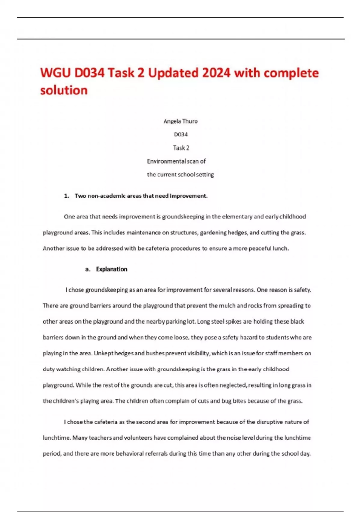 WGU D034 Task 2 Updated 2024 with complete solution - WGU D034 - Stuvia US