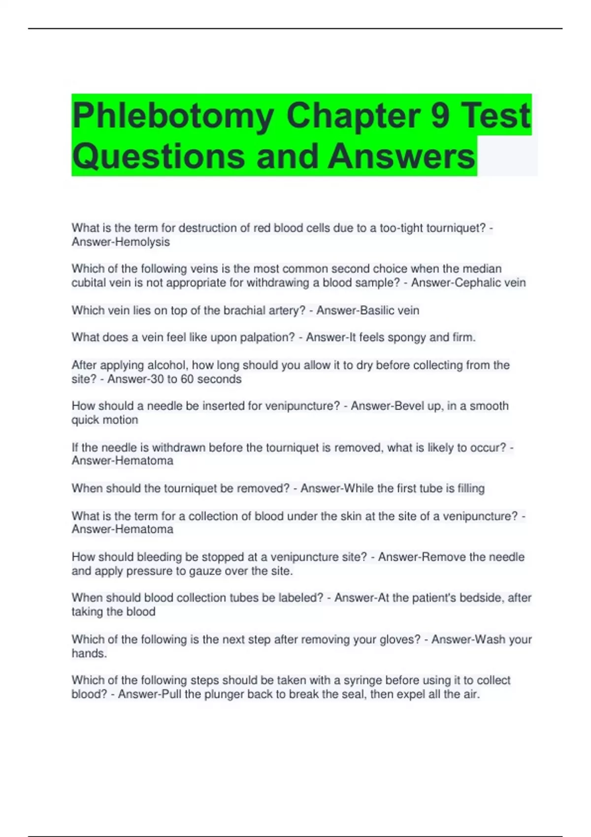 Phlebotomy Chapter 9 Test Questions and Answers - Phlebotomy - Stuvia US