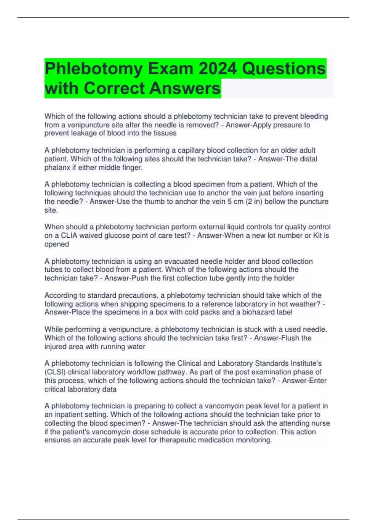 Phlebotomy Exam 2024 Questions with Correct Answers - Phlebotomy - Stuvia US