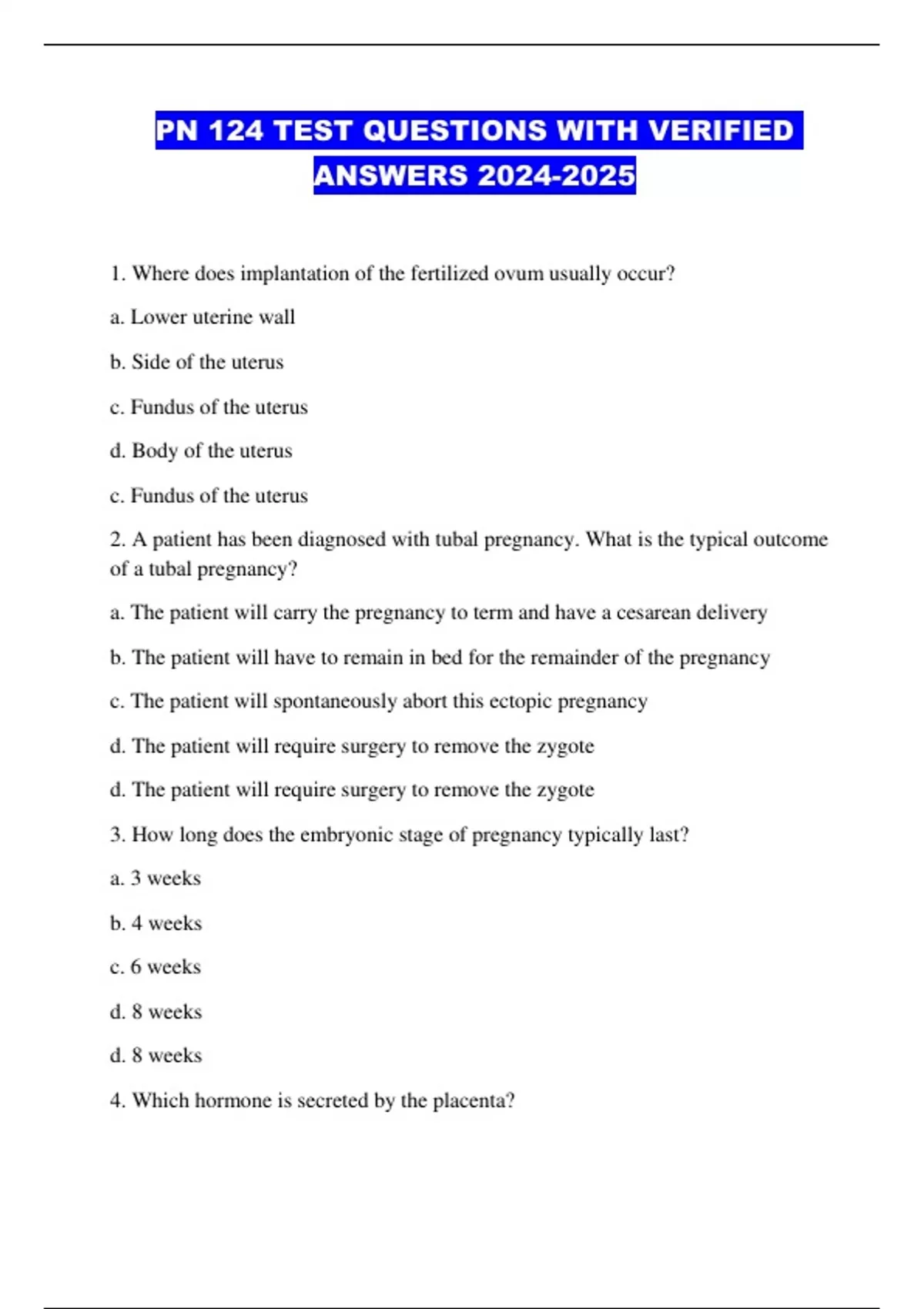 PN 124 TEST QUESTIONS WITH VERIFIED ANSWERS - PN 124 - Stuvia US