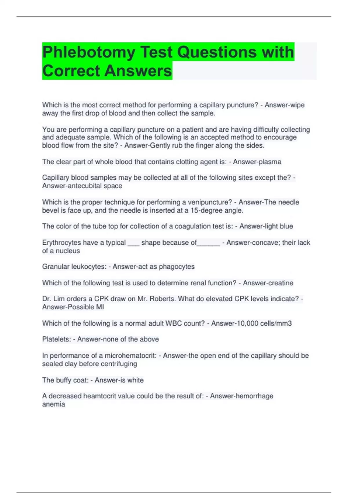 Phlebotomy Test Questions with Correct Answers - Phlebotomy - Stuvia US