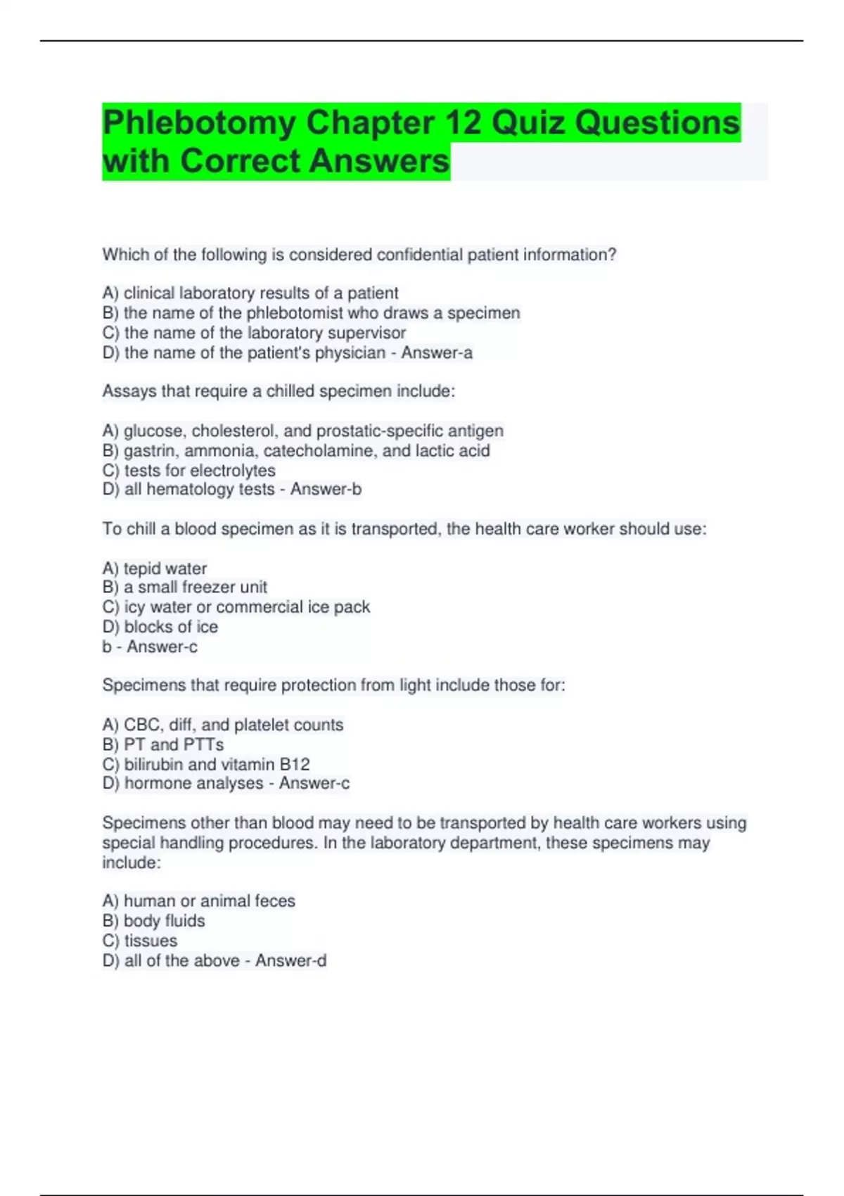 Phlebotomy Chapter 12 Quiz Questions with Correct Answers - Phlebotomy ...