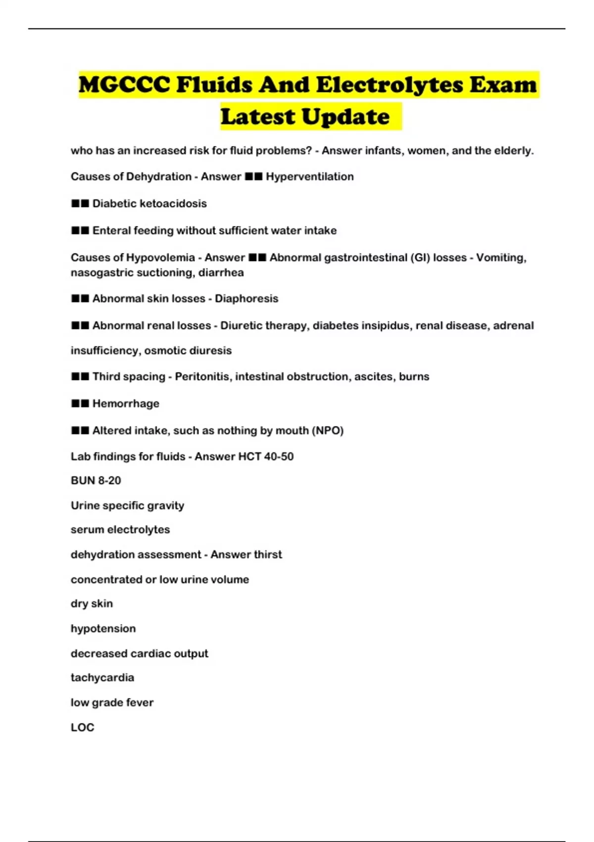 MGCCC Fluids And Electrolytes Exam Latest Update - MGCCC Fluids - Stuvia US