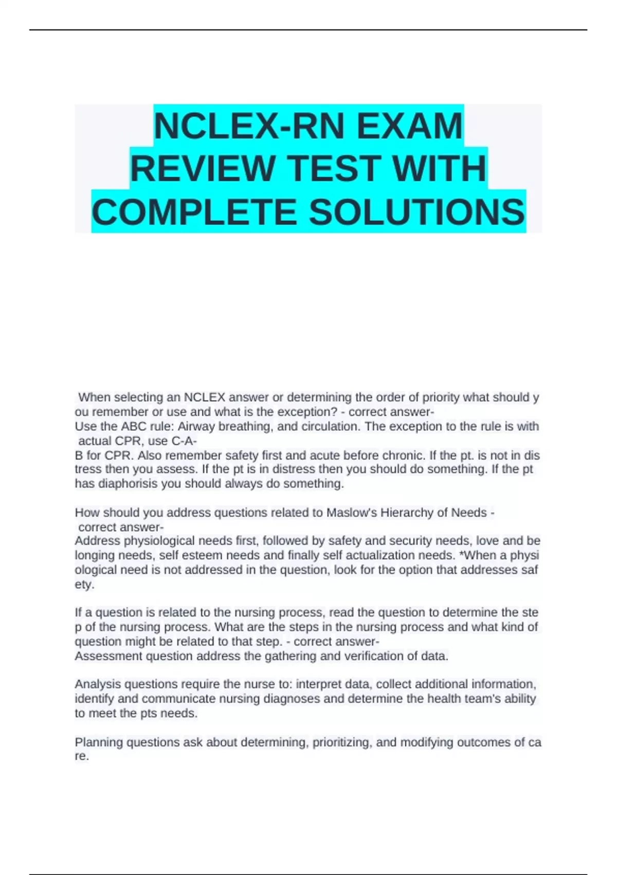 NCLEX-RN EXAM REVIEW TEST WITH COMPLETE SOLUTIONS - NCLEX-RN - Stuvia US