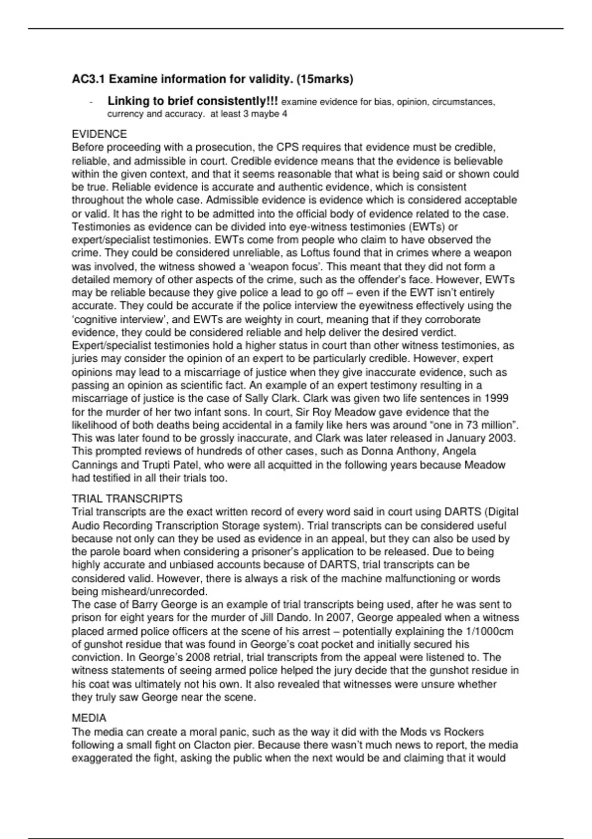 A* model answers for WJEC Criminology Unit 3 AC3.1. - Crime Scene to Courtroom - Stuvia UK