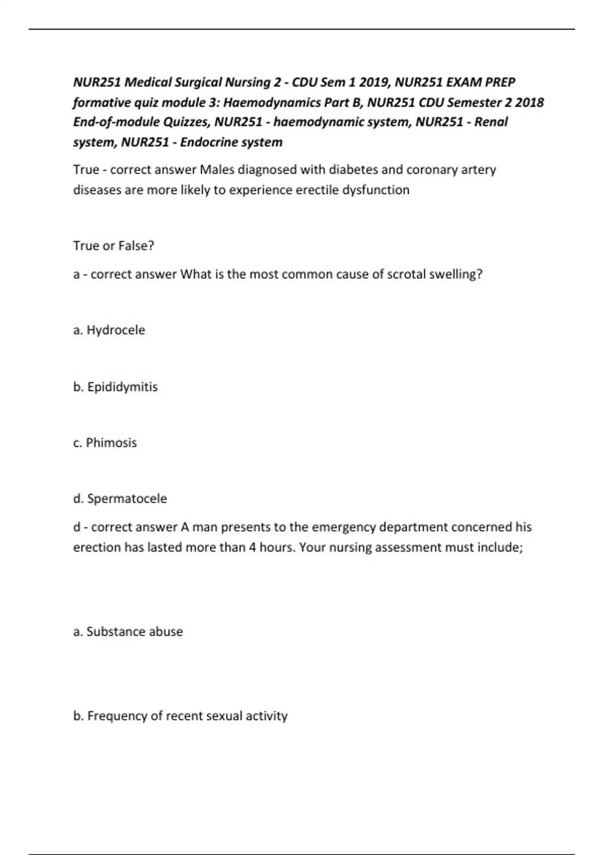 NUR251 Medical Surgical Nursing 2 - CDU Sem 1 2019, NUR251 EXAM PREP ...