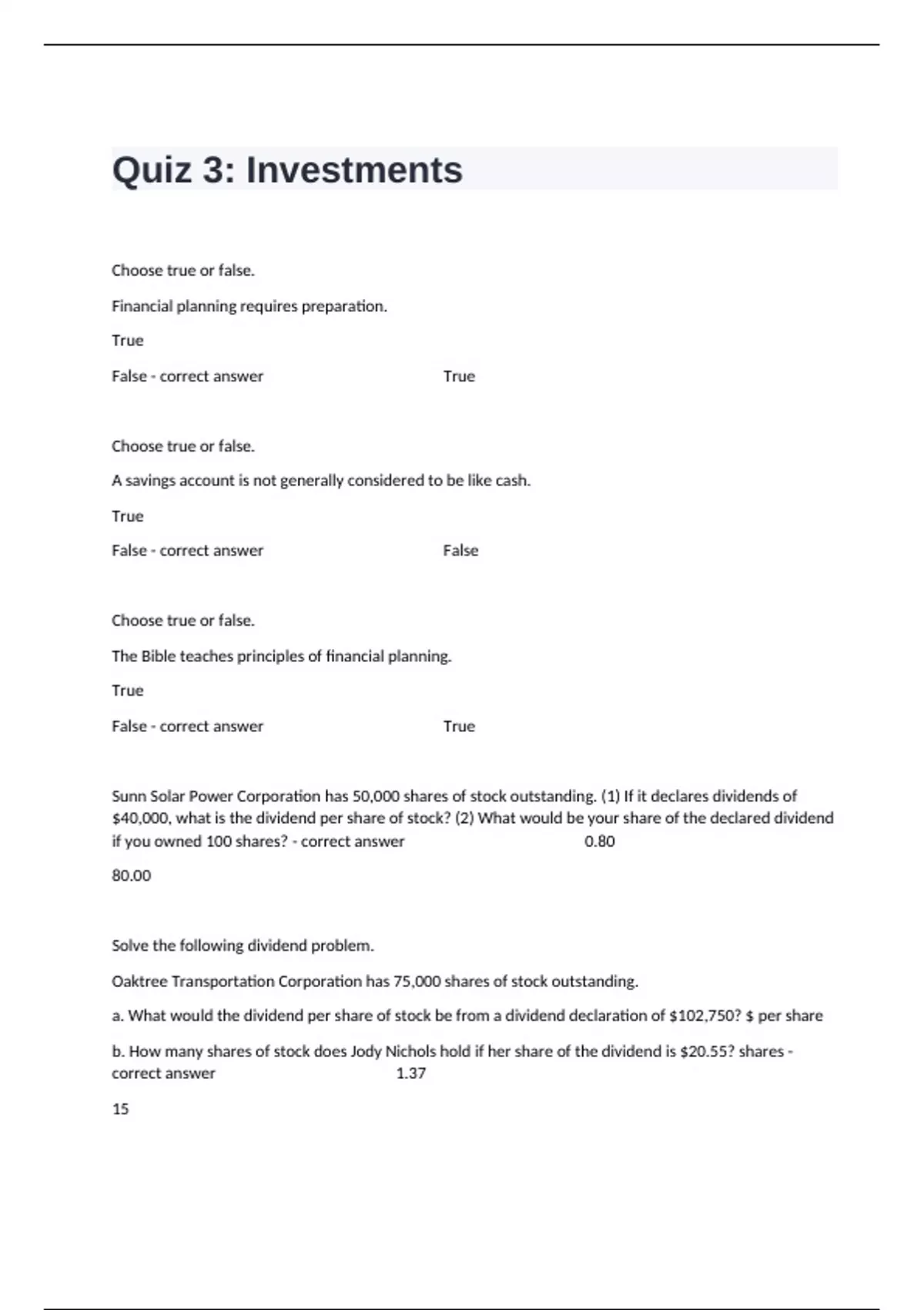 Quiz 3: Investments Test With Verified Correct Answers Complete ...