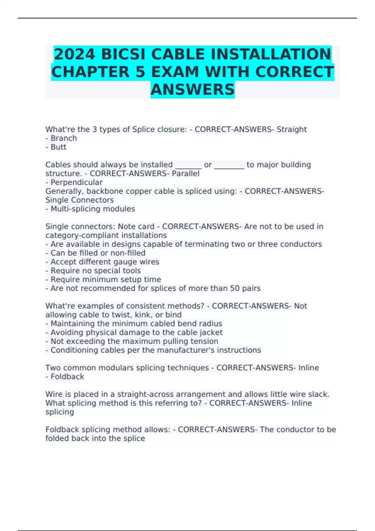 2024 BICSI CABLE INSTALLATION CHAPTER 5 EXAM WITH CORRECT ANSWERS ...