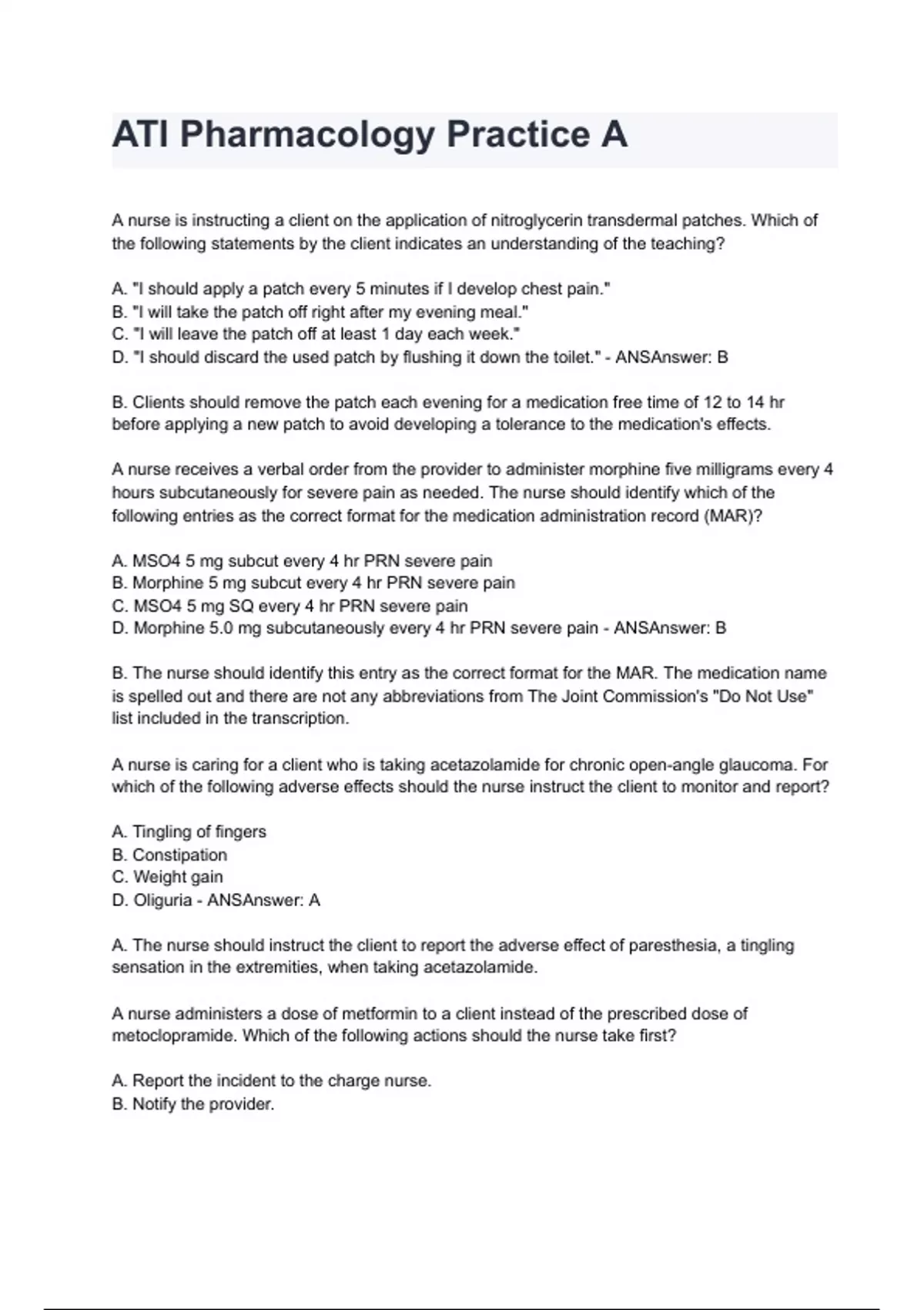 ATI Pharmacology Practice A Top Scoring Exam 2024/2025 Questions And ...