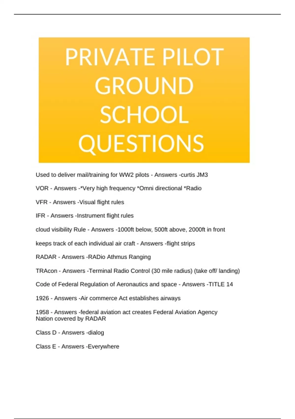 PRIVATE PILOT GROUND SCHOOL QUESTIONS - PRIVATE PILOT GROUND SCHOOL ...