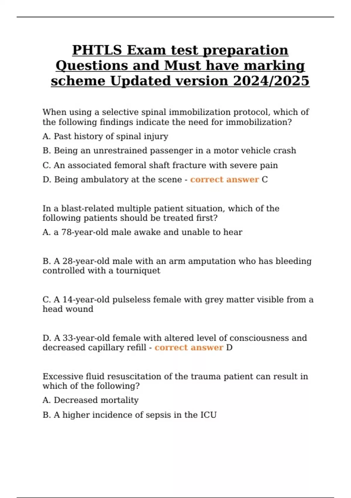 PHTLS Exam test preparation Questions and Must have marking scheme ...