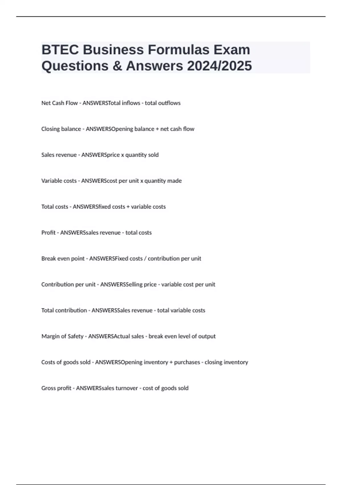 BTEC Business Formulas Exam Questions & Answers 2024/2025 - BTEC ...