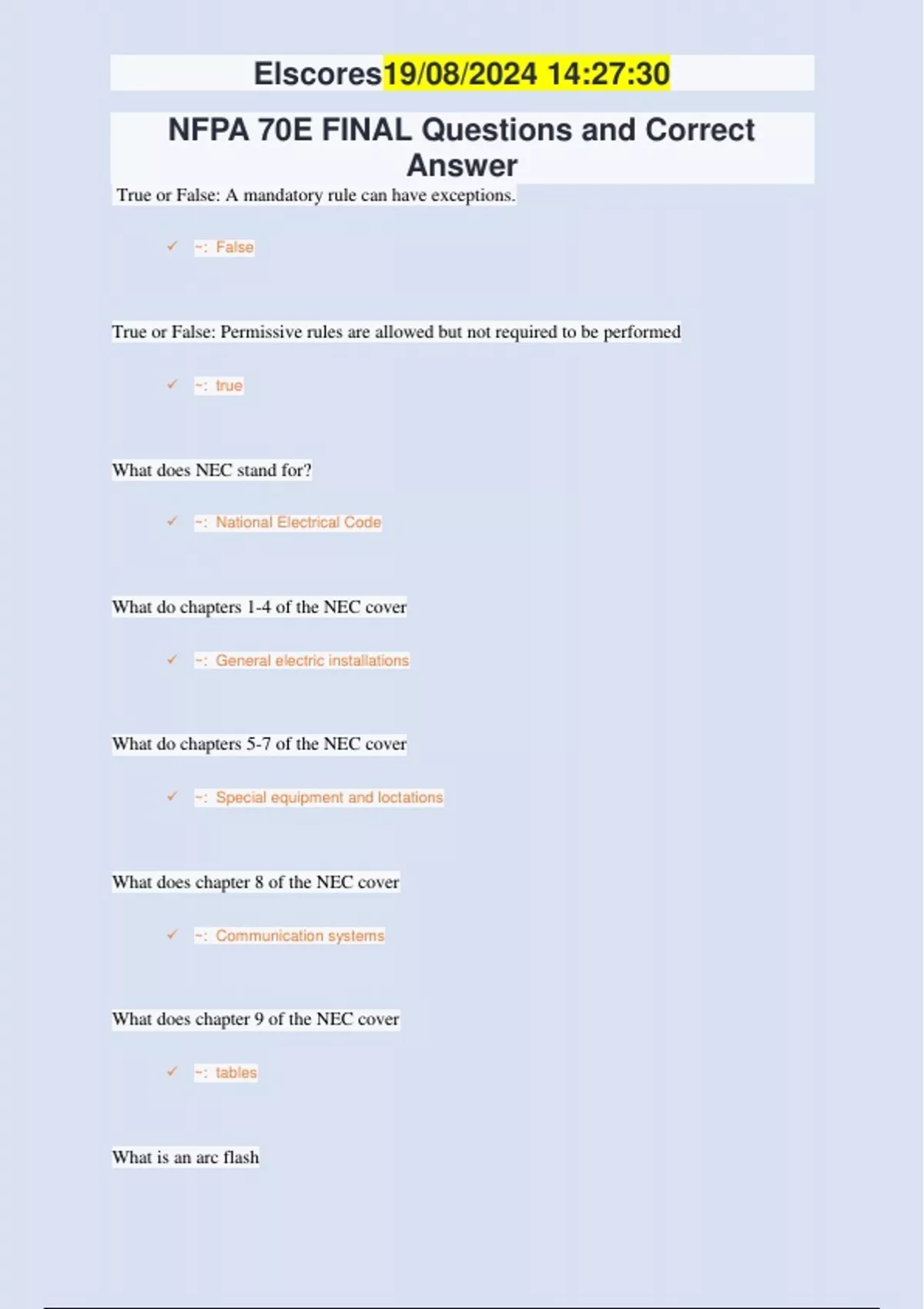 NFPA 70E FINAL Questions and Correct Answer - NFPA 70E - Stuvia US