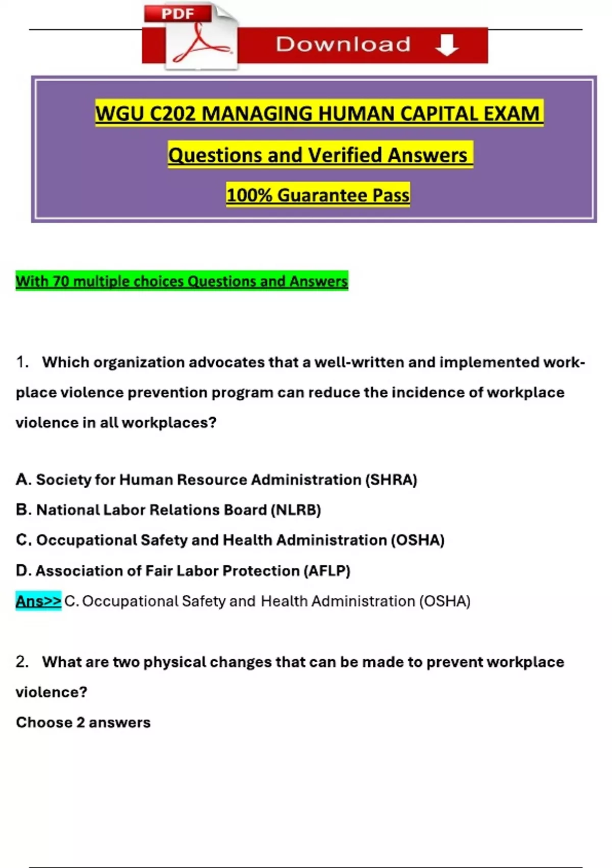 WGU C202 Managing Human Capital Exam (2024 / 2025) Questions and Verified Answers, 100% ...
