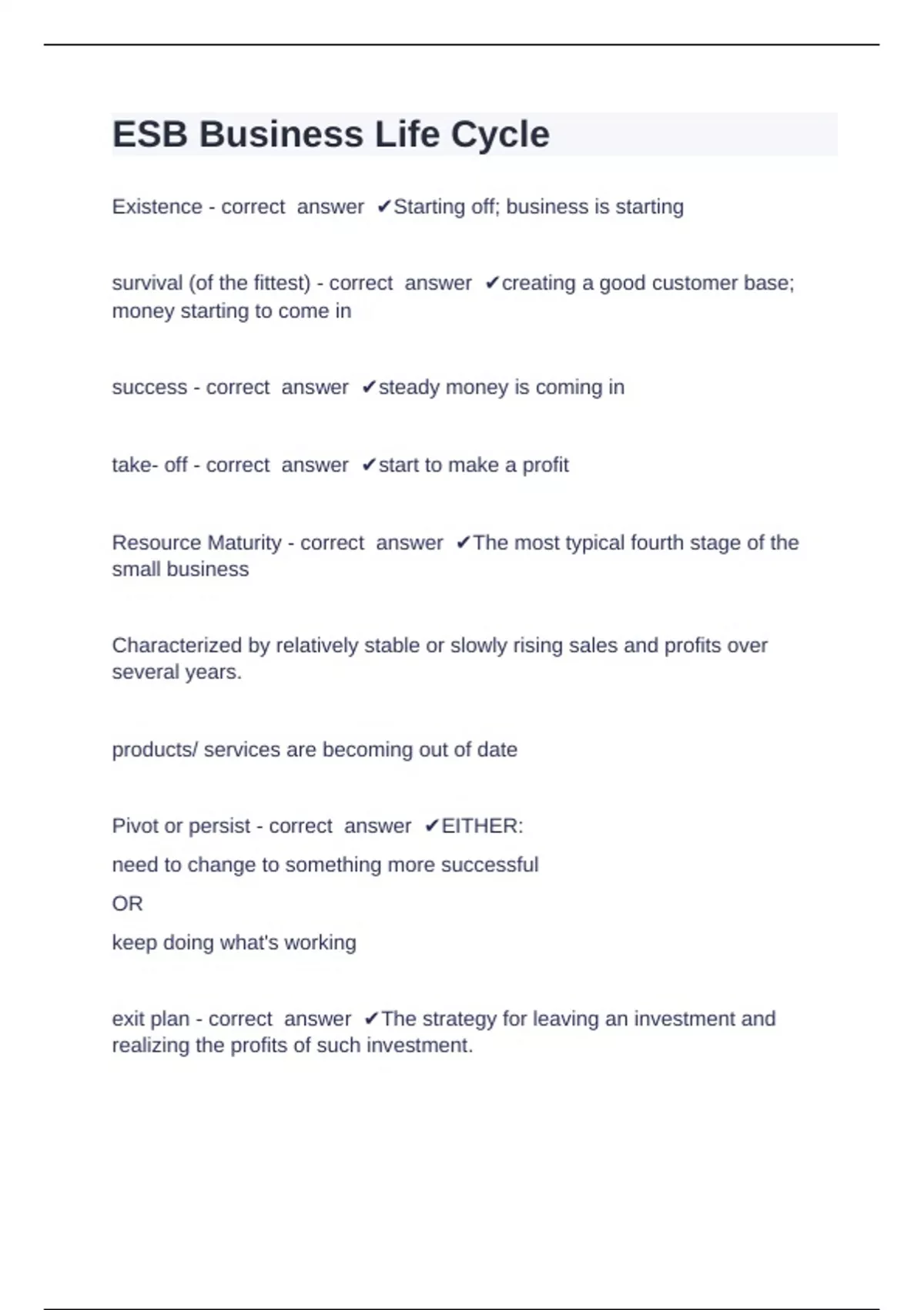 ESB Business Life Cycle Question and answers verified to pass 2024 - Esb - Stuvia FR