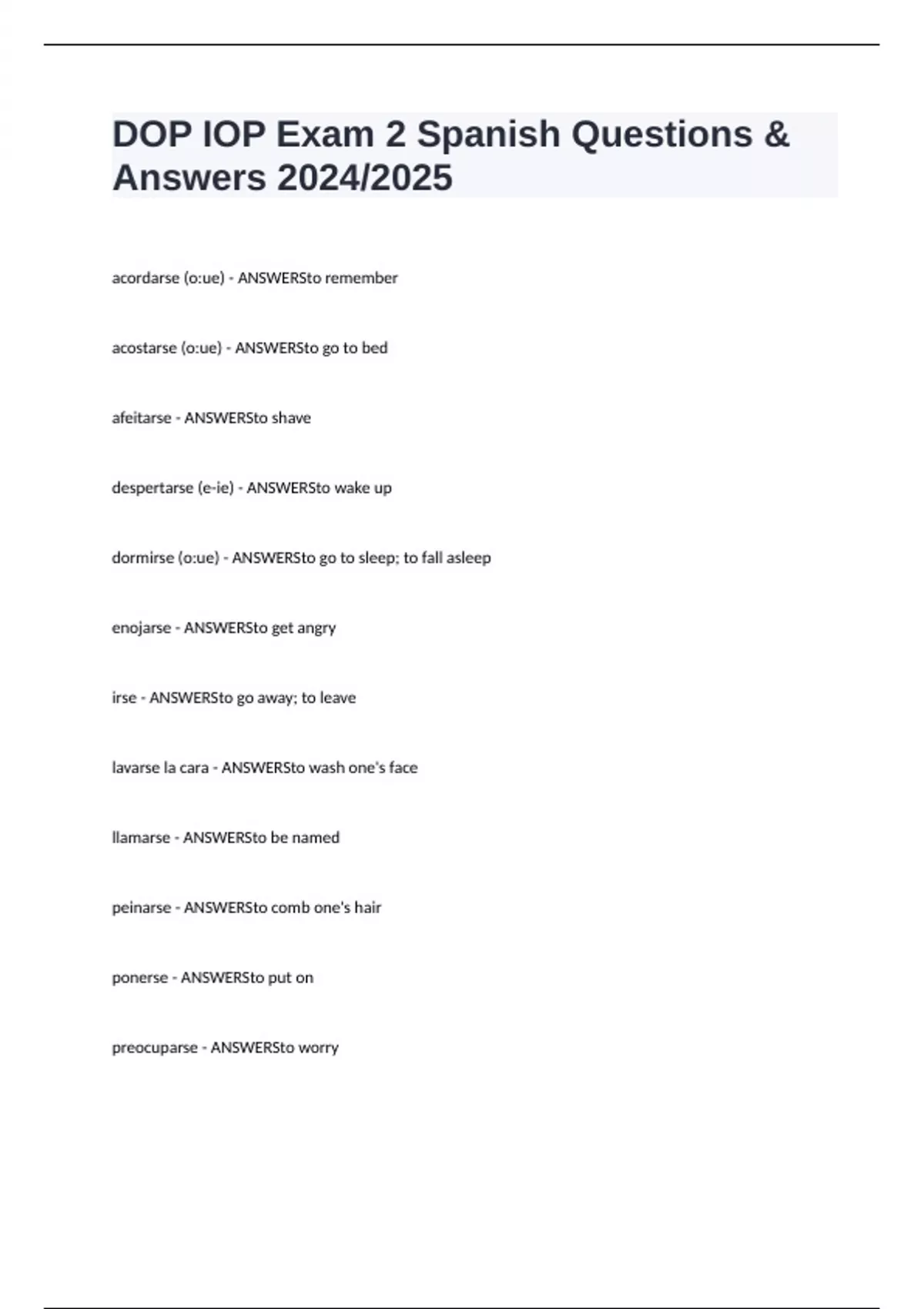 DOP IOP Exam 2 Spanish Questions & Answers 2024/2025 - DOP IOP - Stuvia US
