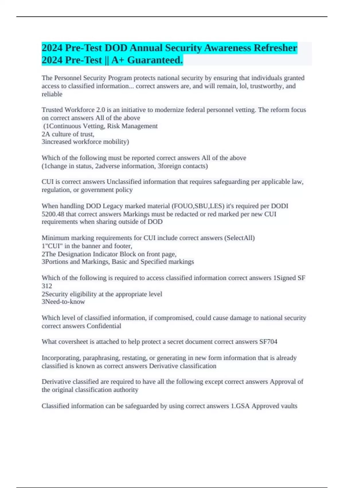 2024 Pre-Test DOD Annual Security Awareness Refresher 2024 Pre-Test ...