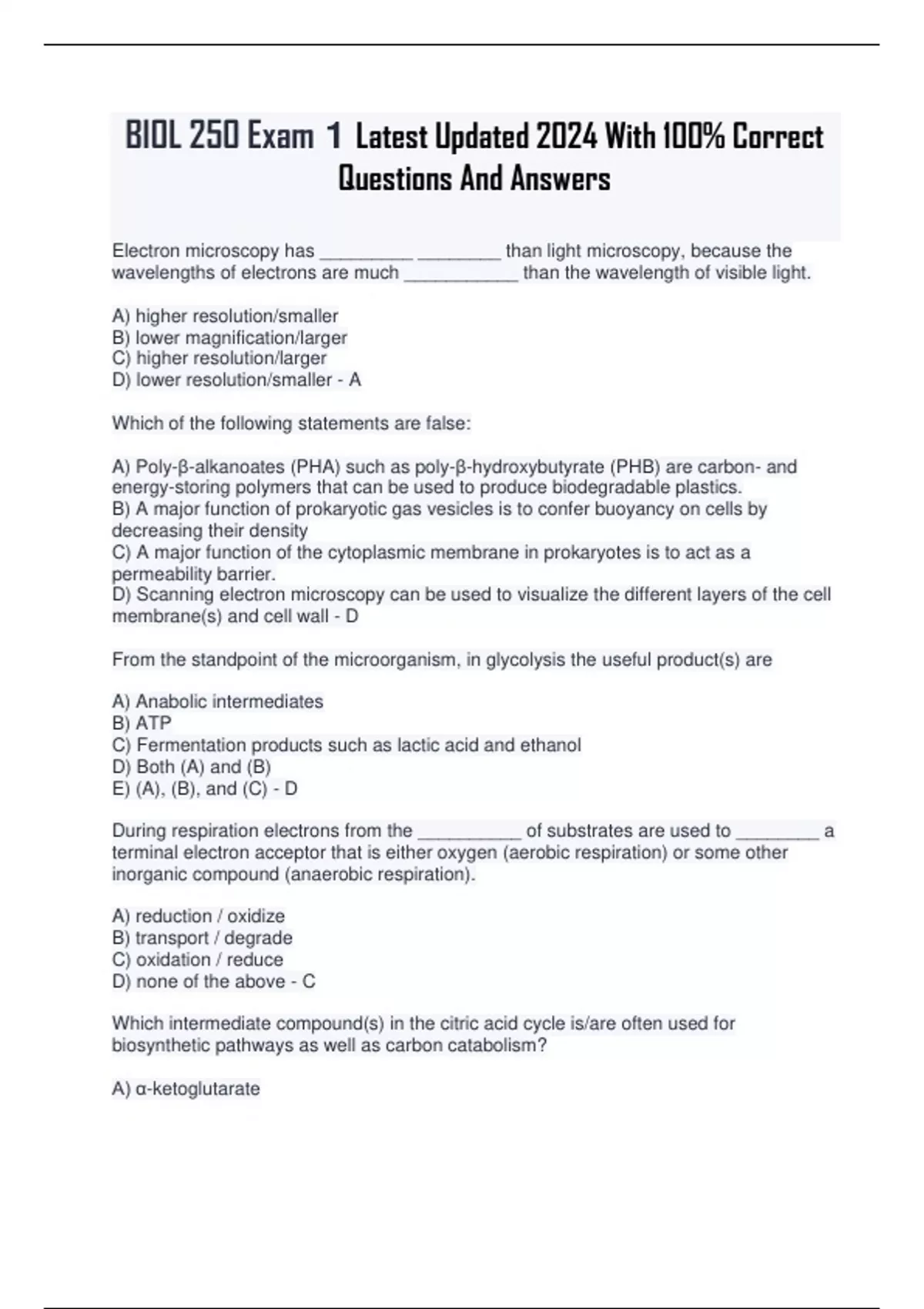 BIOL 250 Exam 1 Latest Updated 2024 With 100% Correct Questions And ...