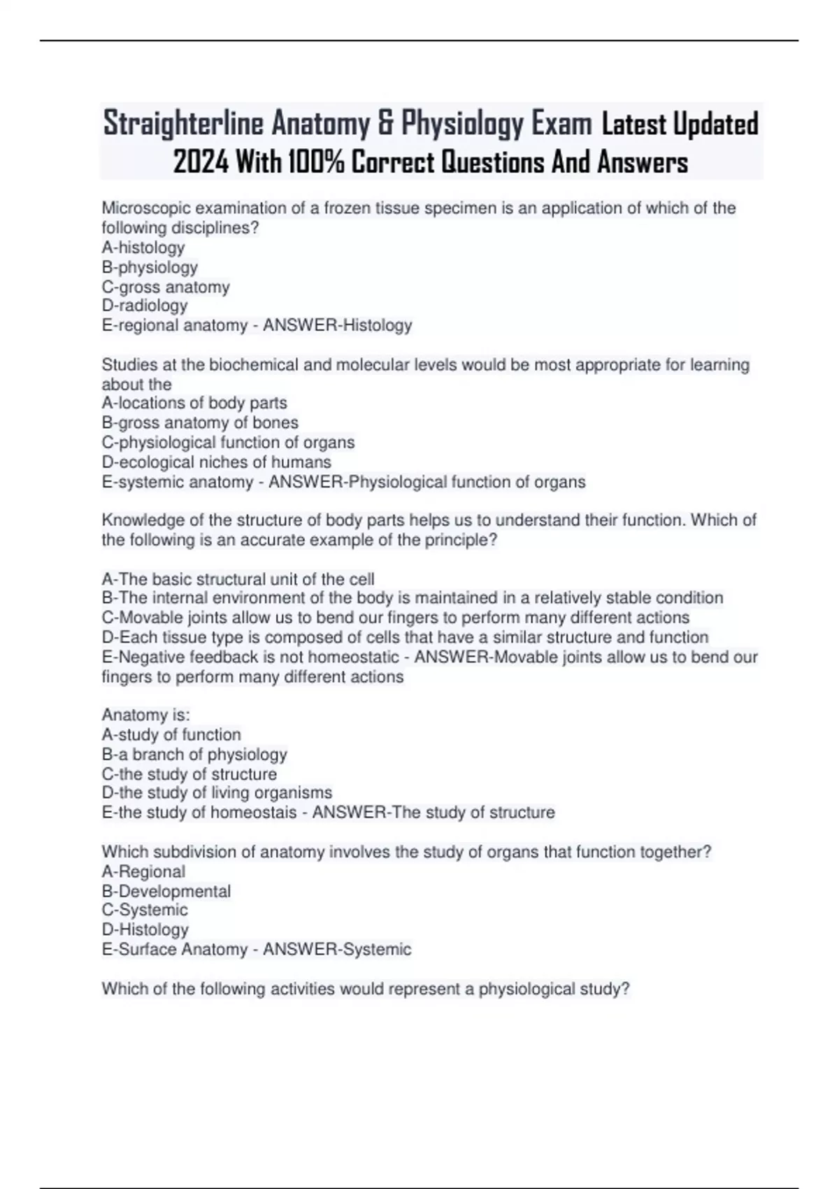 Straighterline Anatomy & Physiology Exam Latest Updated 2024 With 100% ...