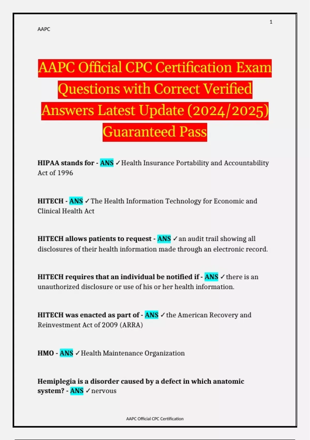 AAPC Official CPC Certification Exam Questions with Correct Verified ...