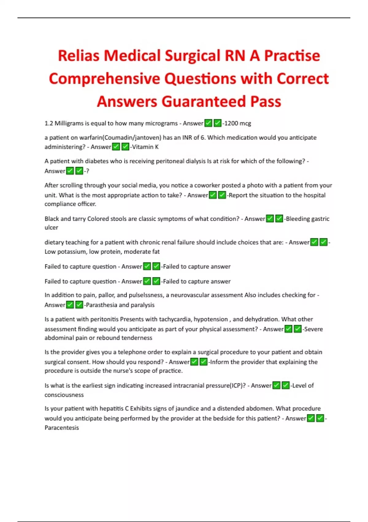 Relias Medical Surgical RN A Practise Comprehensive Questions with ...