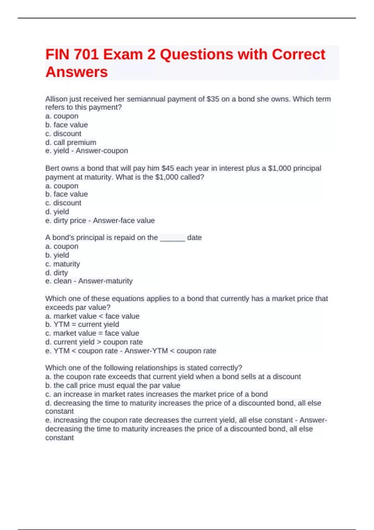 FIN 701 Exam 2 Questions with Correct Answers - FIN701 - Stuvia US