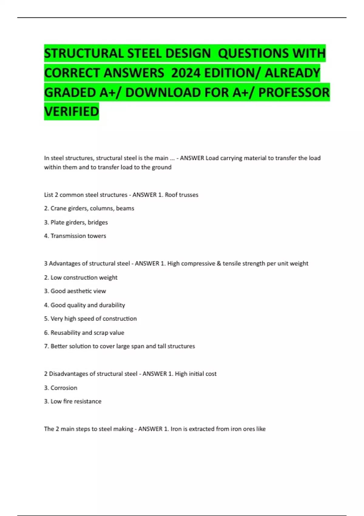 STRUCTURAL STEEL DESIGN QUESTIONS WITH CORRECT ANSWERS 2024 EDITION/ ALREADY GRADED A+/ DOWNLOAD ...